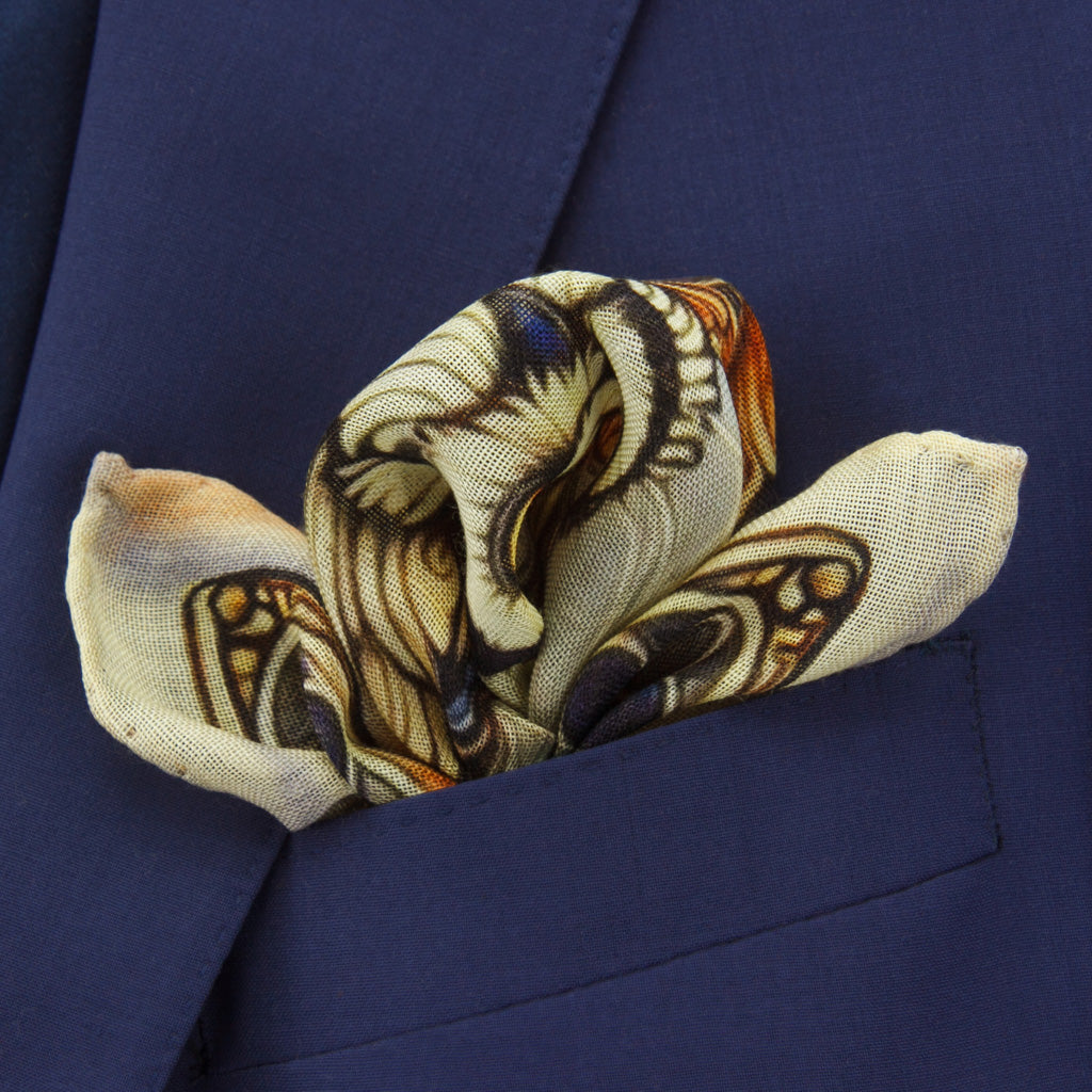 Pocket Square with Azure Blue, Gold, Tan, and Cognac Big Owl – Dapper Classics®
