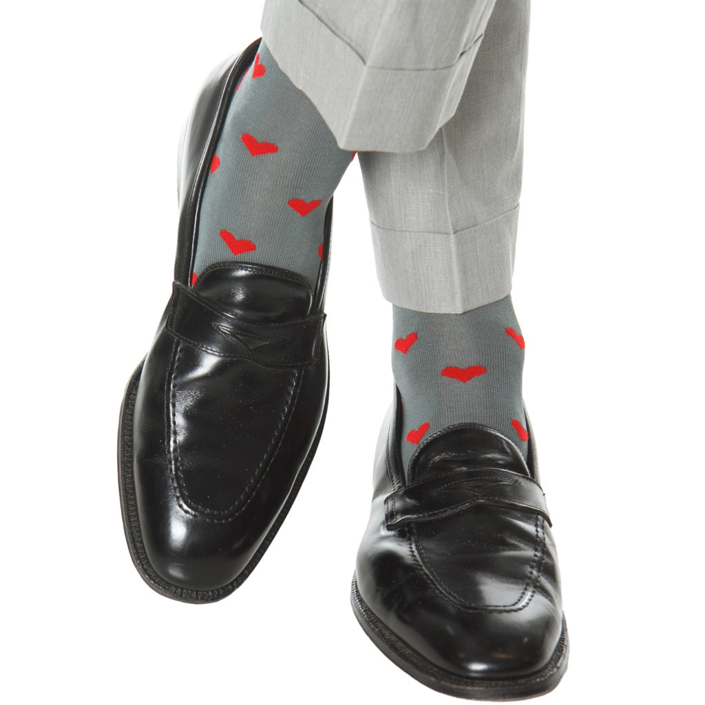 Steel Gray with Red Hearts Cotton Sock Linked Toe OTC – Dapper Classics®
