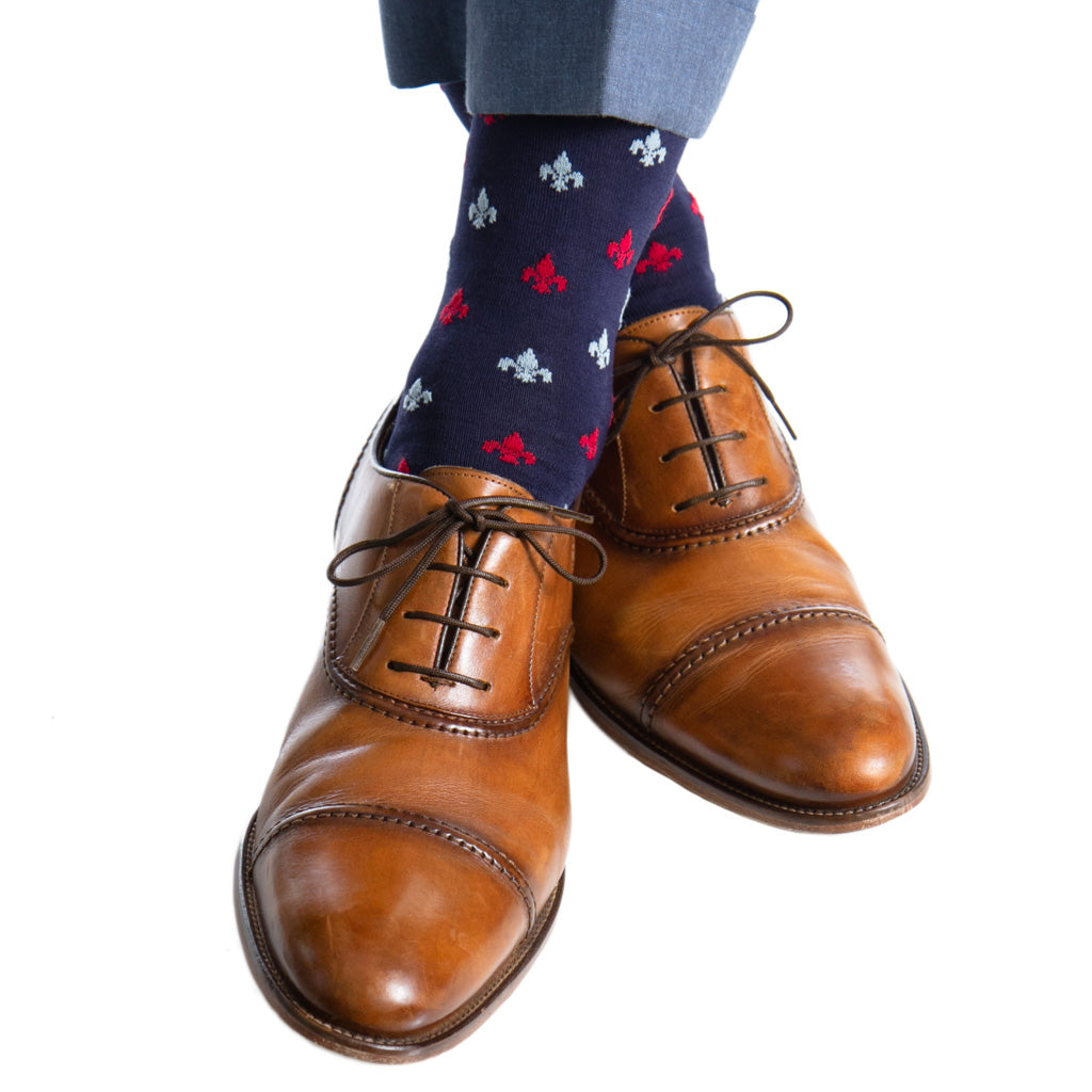 Classic Navy with Red and Sky Blue Fleur De Lis Cotton Sock Linked Toe – Dapper Classics®