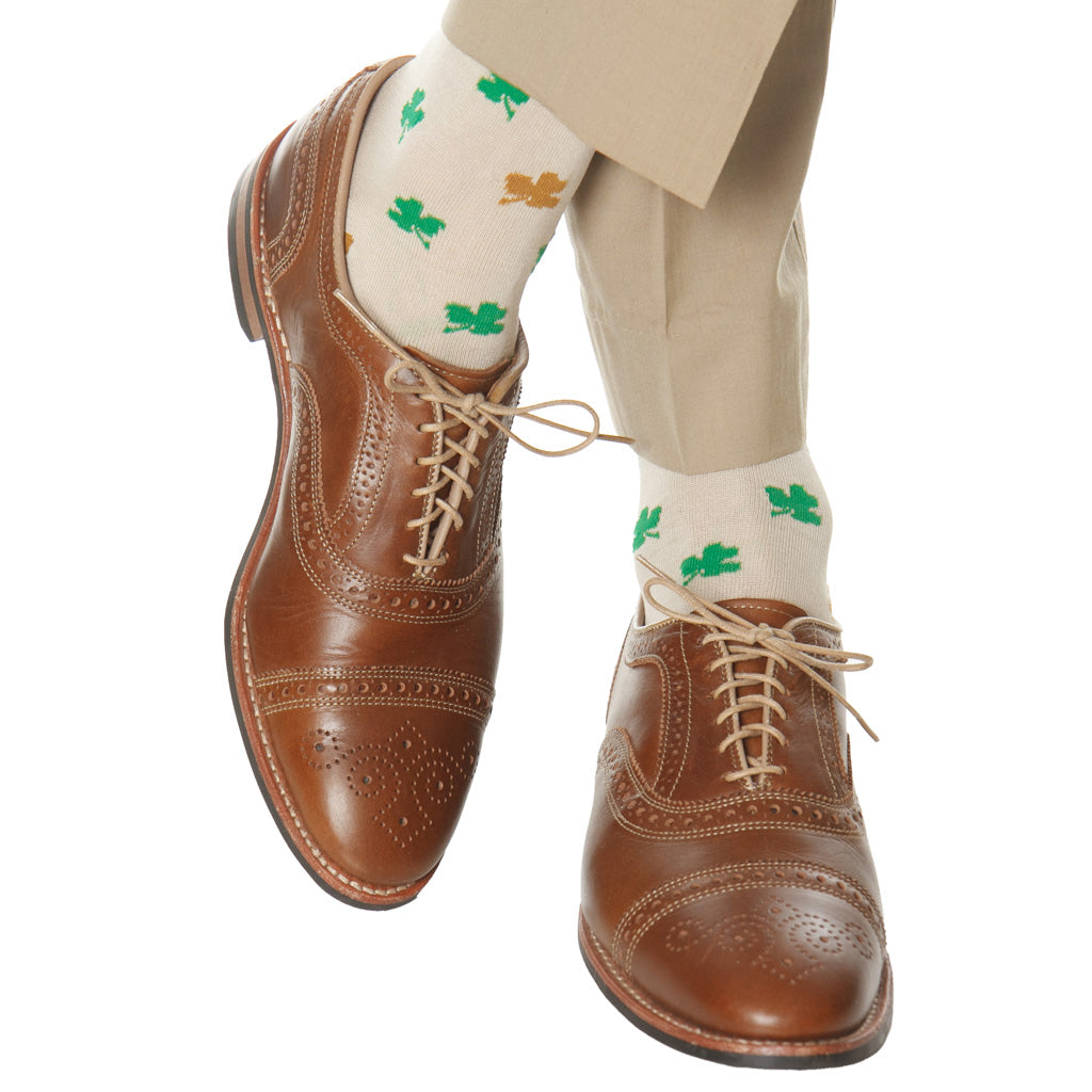 Tan with Green and Gold Shamrock Cotton Sock Linked Toe Mid-Calf ...