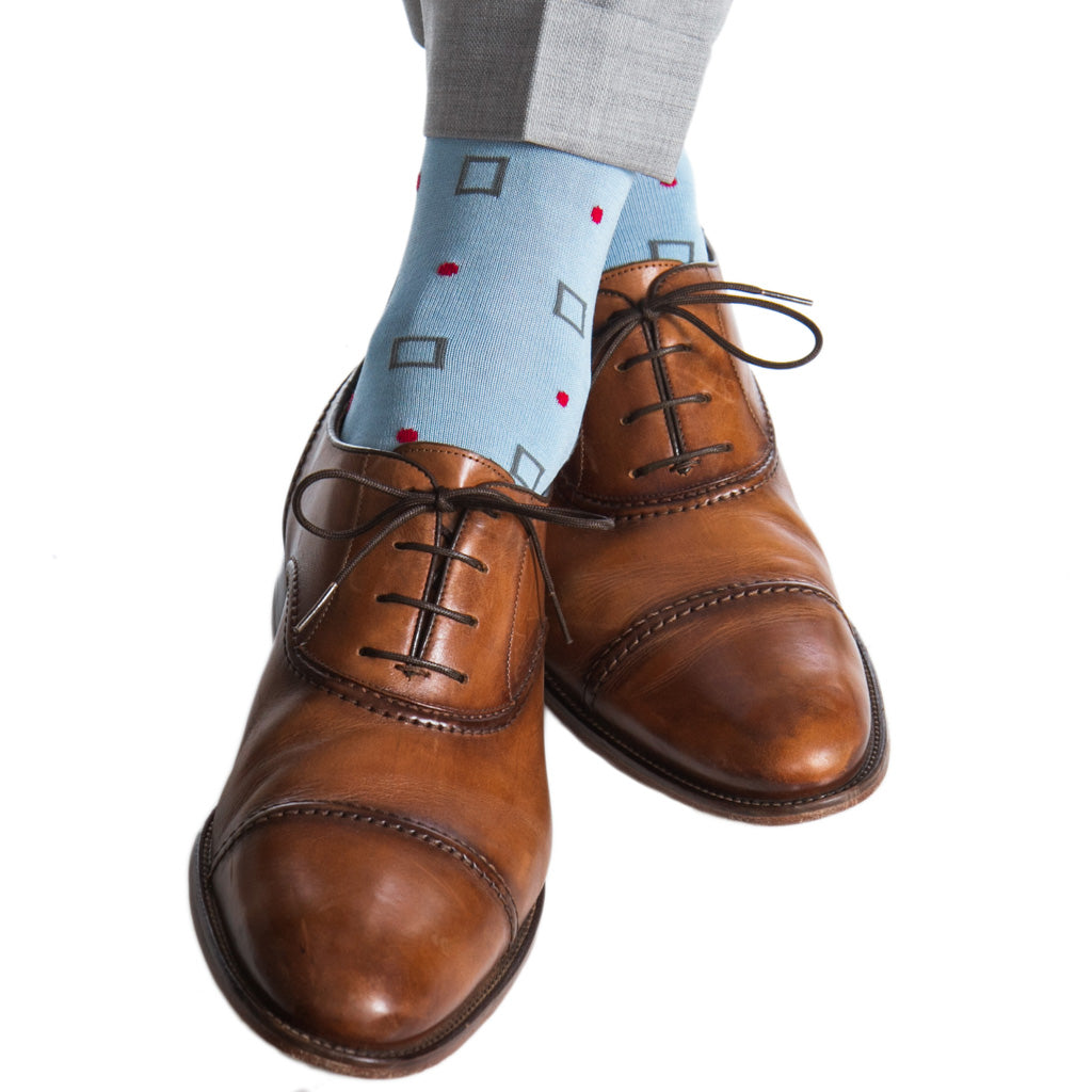 Sky Blue with Indigo Blue Square and Coral Dot Cotton Sock Linked Toe ...