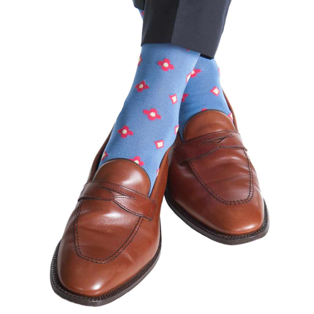 Azure Blue with Coral and Buttercream Neats Cotton Sock Linked Toe OTC ...