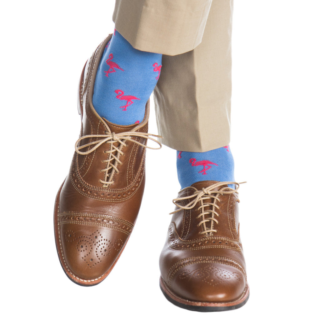 Azure Blue with Coral Flamingo Cotton Sock Linked Toe Mid-Calf – Dapper ...