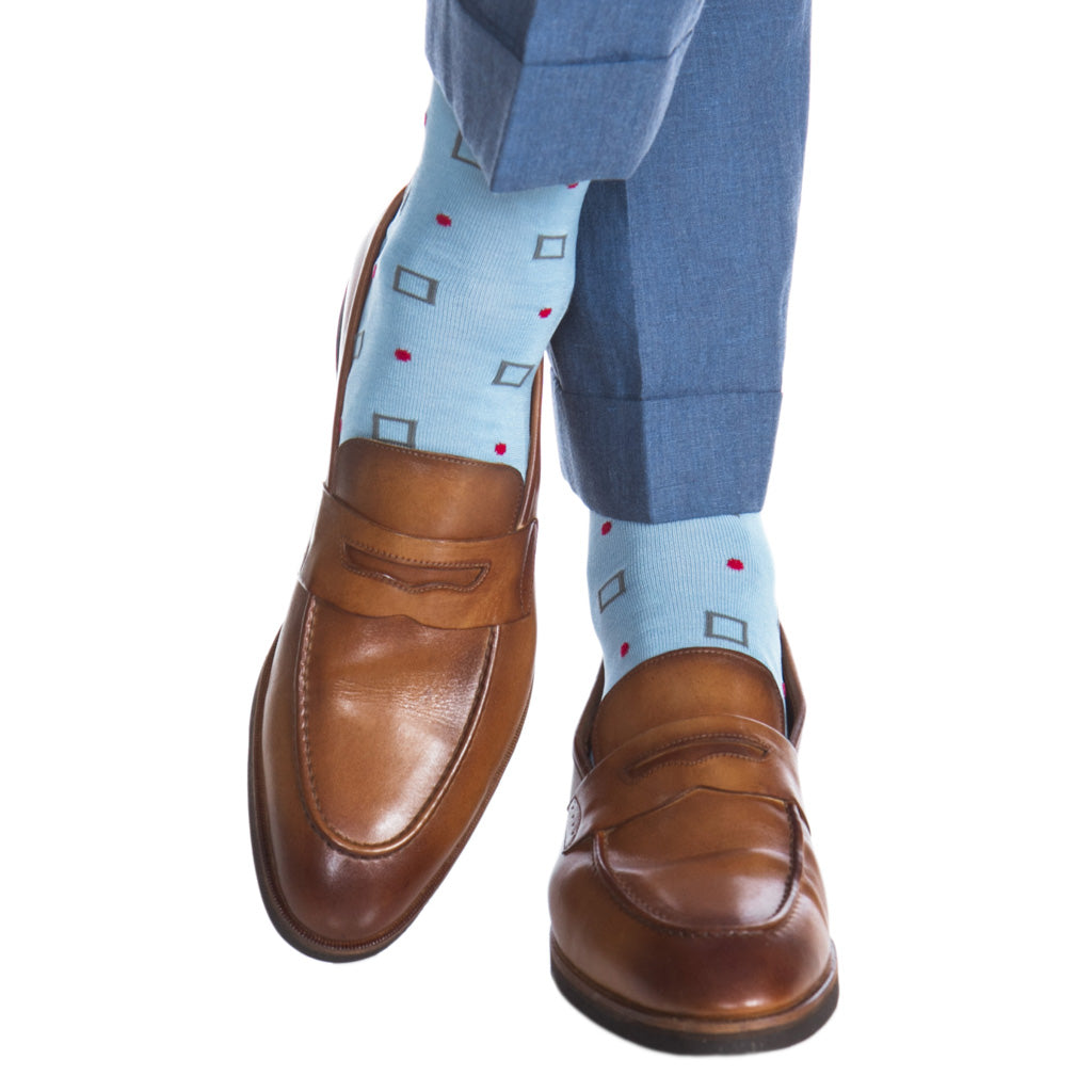 Sky Blue with Indigo Blue Square and Coral Dot Cotton Sock Linked Toe ...