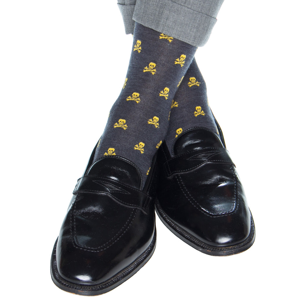 Charcoal with Saffron Skull and Crossbones Fine Merino Wool Sock Linke ...