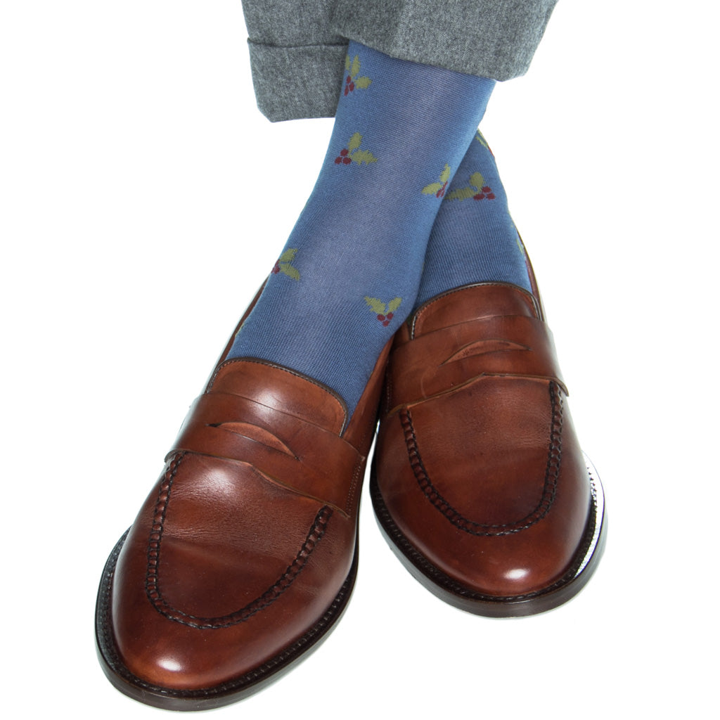 Indigo Blue with Merlot Berry and Pine Sage Holly Cotton Sock Linked T ...