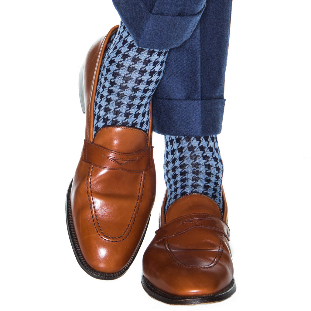 Classic Navy and Azure Blue Large Houndstooth with Red Tipping Cotton ...