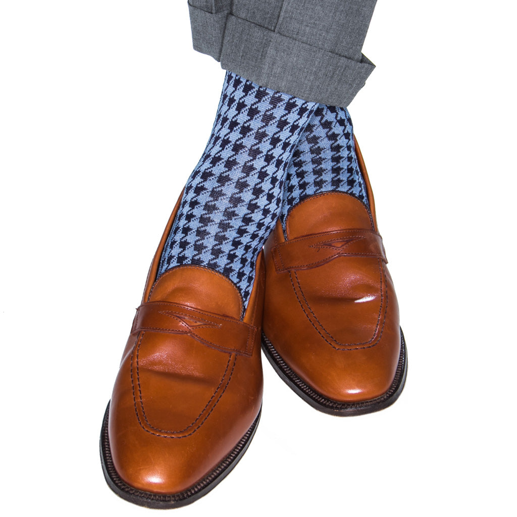 Azure and Navy Houndstooth Cotton Sock Linked Toe Mid-Calf – Dapper ...