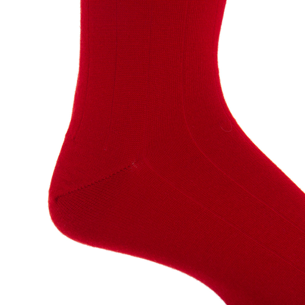 Red Solid Wide Ribbed Cashmere Wool Blend Sock Linked Toe Mid-Calf ...