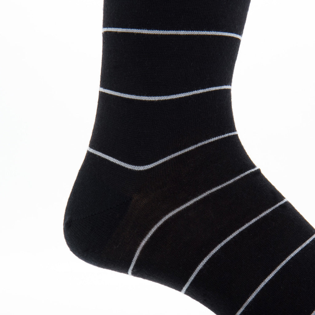Black with Gray Narrow Stripe Fine Merino Wool Sock Linked Toe Mid-Cal ...