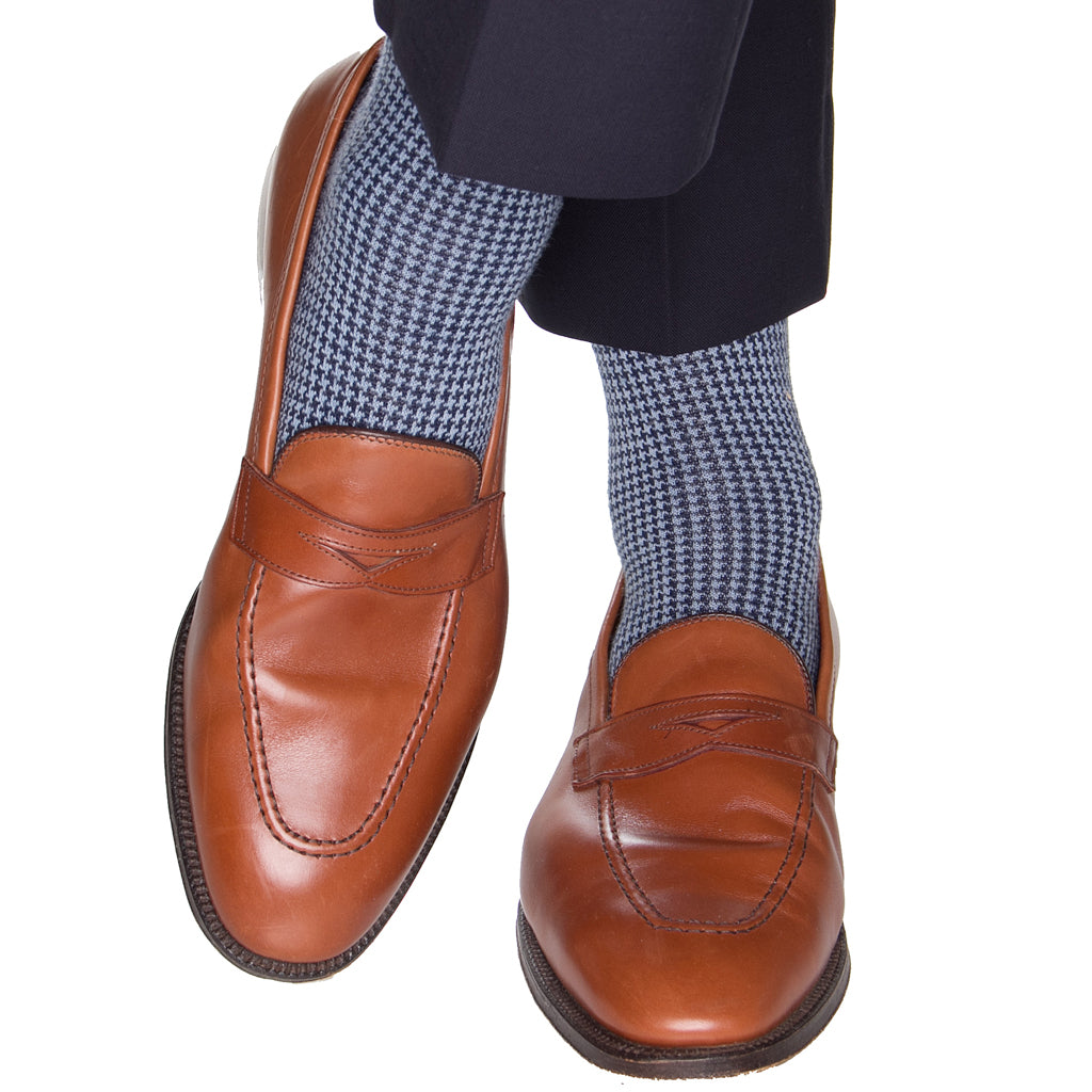 Navy and Sky Blue Houndstooth Fine Merino Wool Sock Linked Toe OTC ...